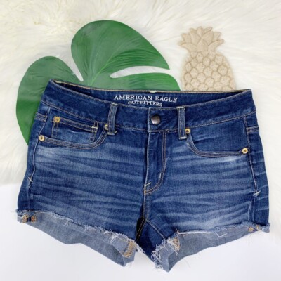 AEO Women's Sz. 4 Blue Super Stretch Shortie Denim Raw Hem Jean Shorts ...
