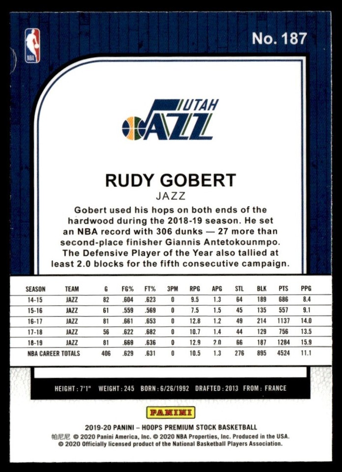 2019-20 Hoops Premium Stock Rudy Gobert Utah Jazz #187 | eBay