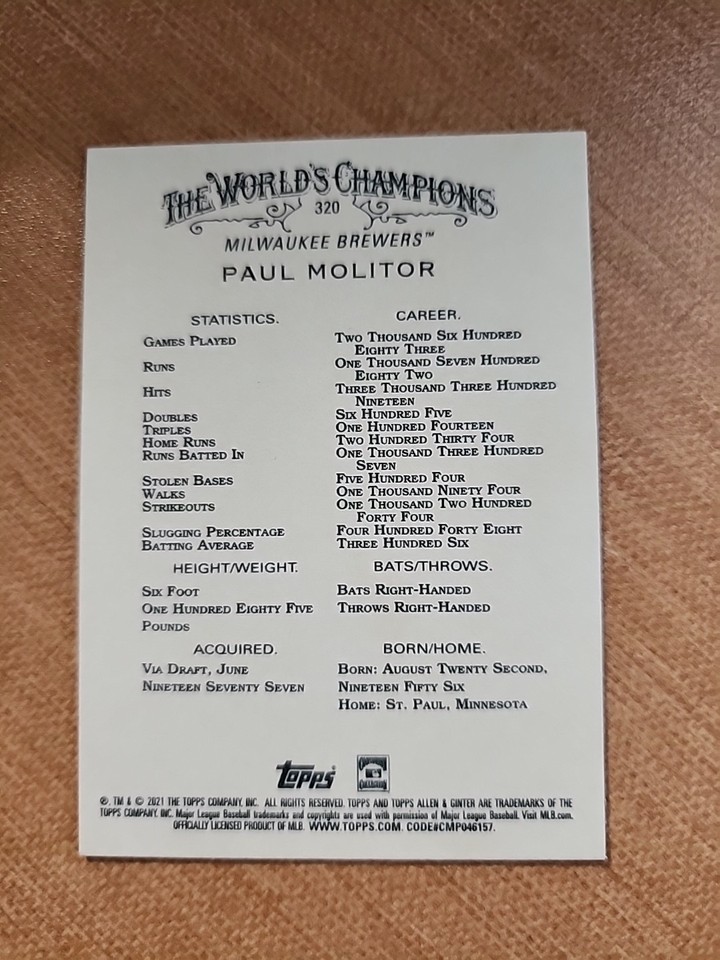 Paul Molitor HOF 2021 Topps Allen & Ginter #320 Milwaukee Brewers NM | eBay