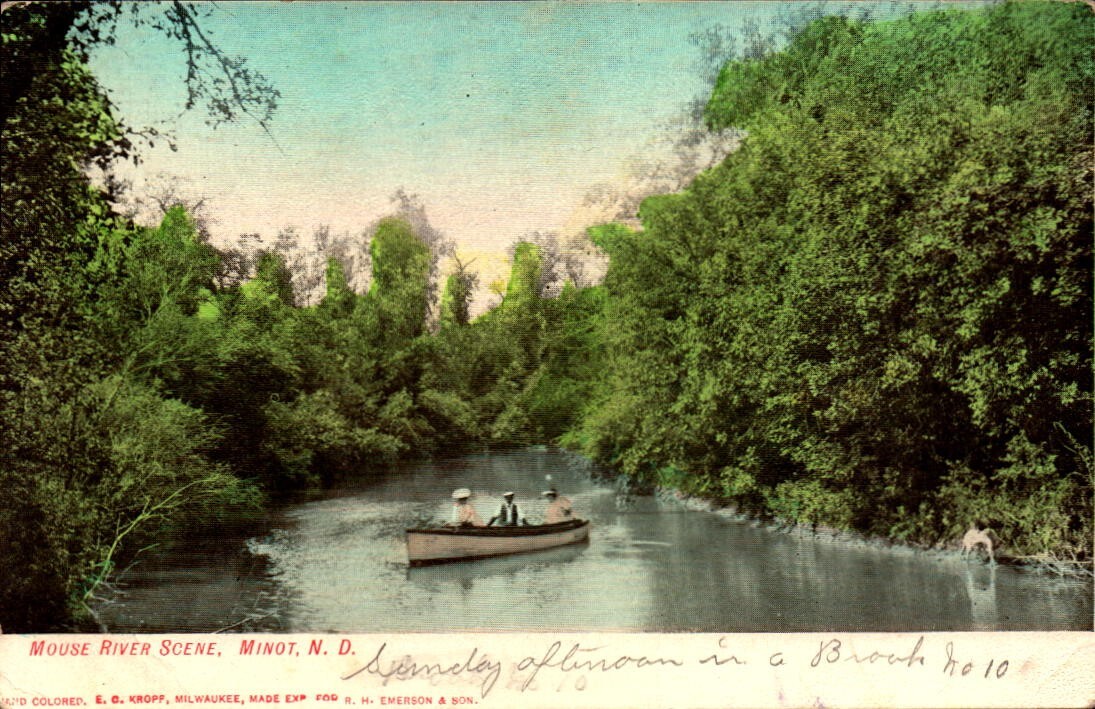 E.C. KROPP HAND COLORED UDB POSTCARD- MOUSE RIVER SCENE, MINOT, N ...