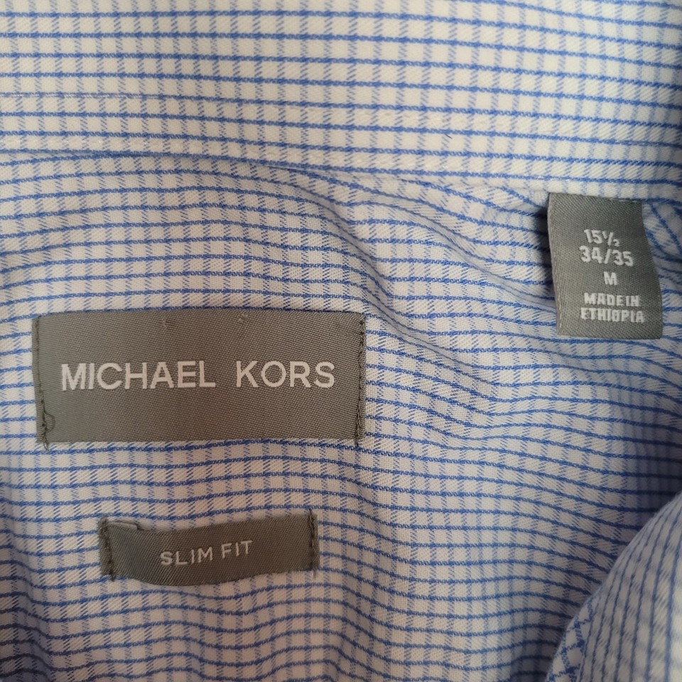 Michael Kors Slim Fit Dress Shirt Men’s M 15.5 34/35 Blue Check Long ...