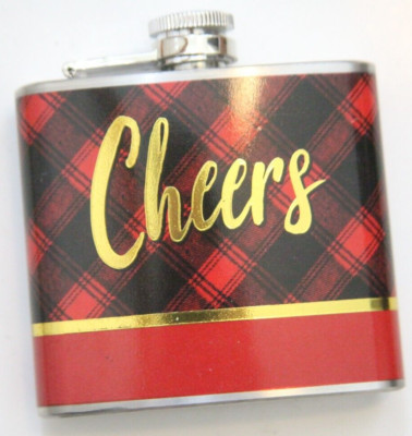 Cheers Red Gray Gold Flask 5 Ounces Stainless Steel Screw Top 4" x 4" x ...