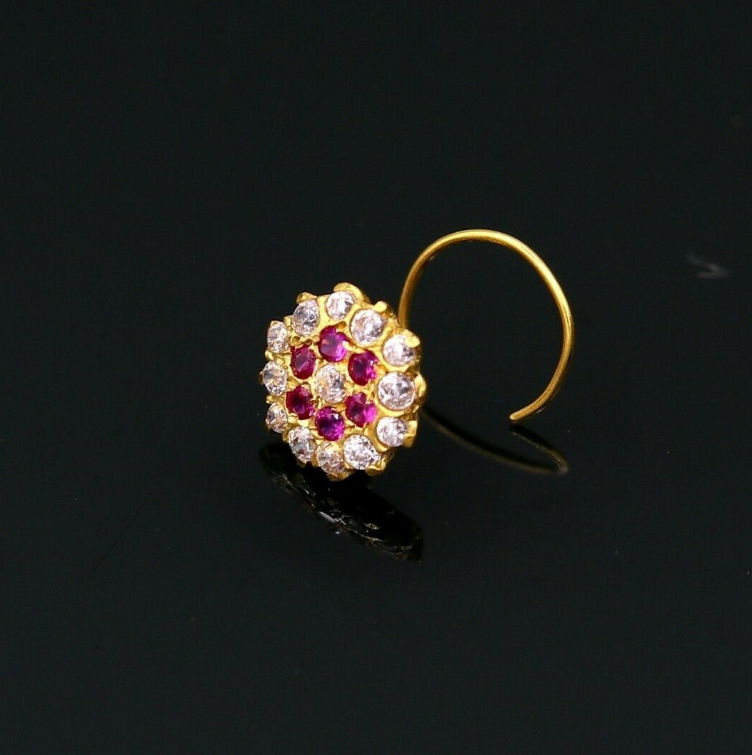 18K YELLOW GOLD STYLISH FABULOUS PINK COLOR CUBIC ZIRCON STONE NOSE PIN ...