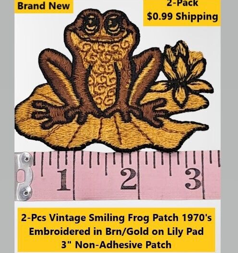 2-Pcs New Vintage 1970's Embroidered Smiling 3" Frog Patch Brn/Gold on ...