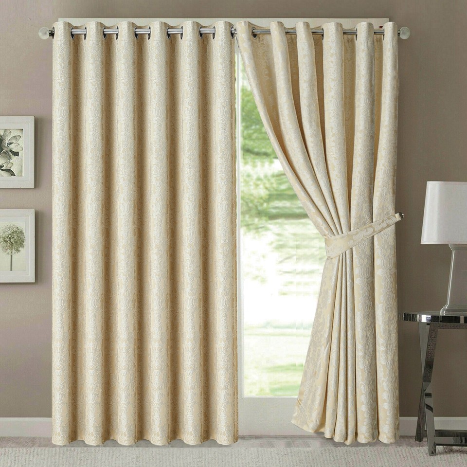 Jacquard Ring Top Heavy Door Curtains Ready Made Fully Lined 2 Matching ...