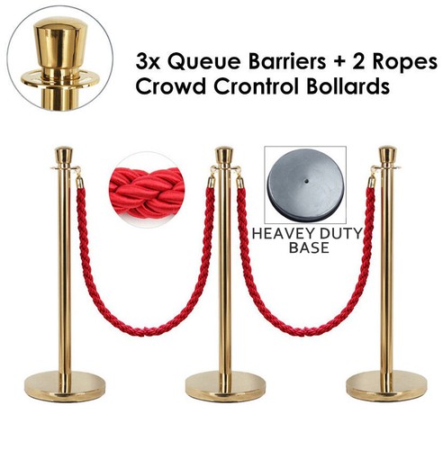 3x Queue Barriers +2 Ropes Crowd Control Bollards Stanchion (GOLD WITH ...