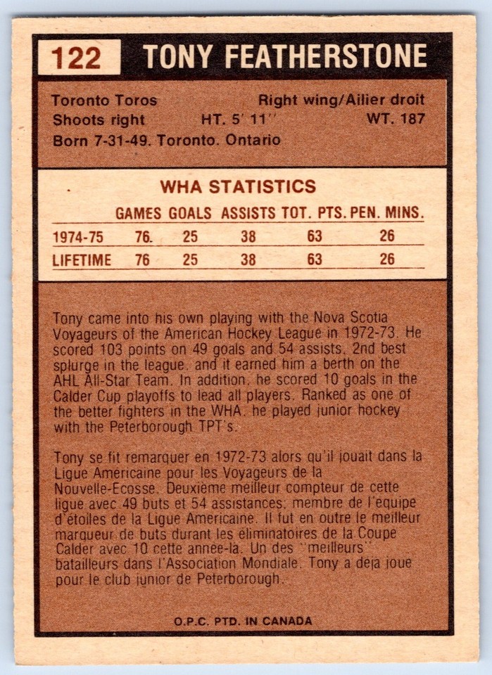 TONY FEATHERSTONE 1975-76 O-PEE-CHEE WHA 75-76 NO 122 EXMINT 50841 | eBay