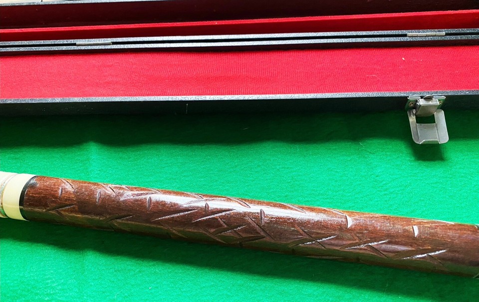 Champion Billiard Pool Cue Stick 2 Piece w/Case Carved Wood Tiki Brass ...