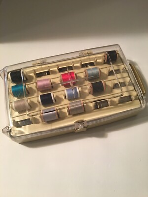 Vintage Mid Century AVANT Sewing Kit Box*Wood Spool Thread* Flip Tray w ...