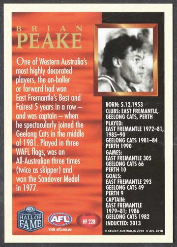 2018 AFL HALL OF FAME (HOF SERIES 5) CARD - HF228 Brian PEAKE (GEELONG ...