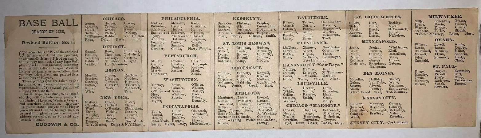 1888 N173 Old Judge Tobacco Cabinet Checklist Of Baseball Players ...