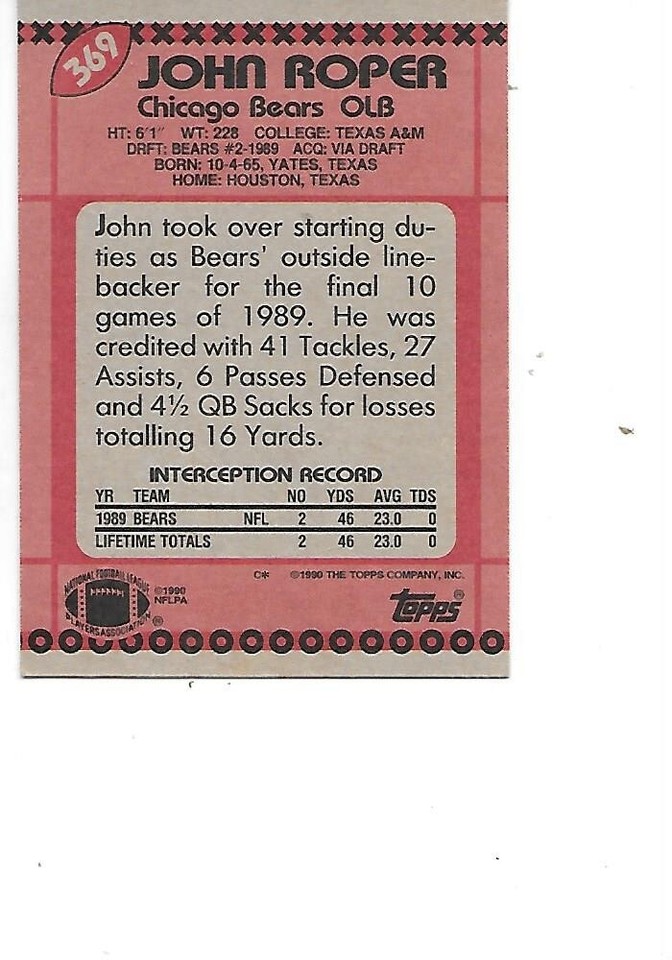 John Roper 1990 Topps Football Card #369 Chicago Bears NM | eBay