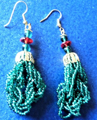 Green Seed Bead Dangle Earrings Silver Tone Looped Pierced 3" long | eBay