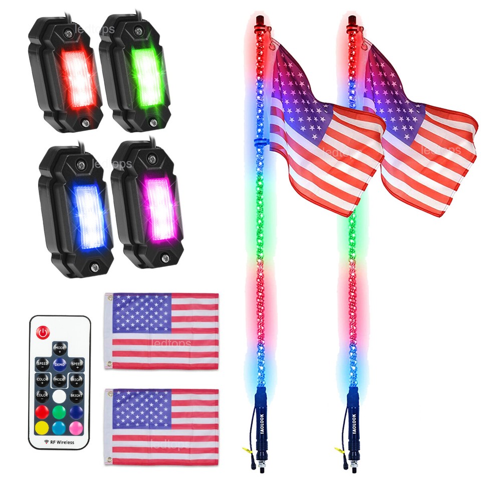 2X 3ft Lighted Spiral LED Whip Antenna w/Flag + 4 Pods RGB Rock Lights ...