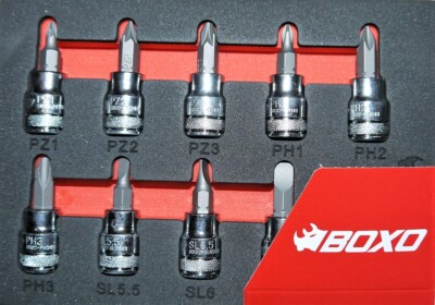 Boxo Tools BX315-R2 9pc 3/8dr Screwdriver bit Socket set in foam PZ/PH ...