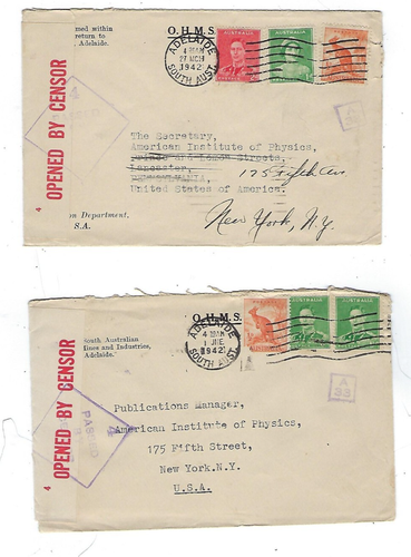 Two 1942 Adelaide Australia, WWII Censor Tape #4, OHMS to New York | eBay