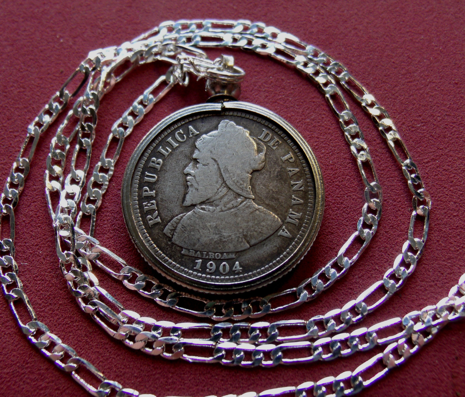 1904 Panama .900 Silver Antique Coin Pendant, 24" Italian Sterling ...