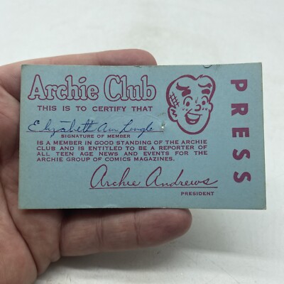 1960s Archie Club Membership Comics Press Pass Card | eBay