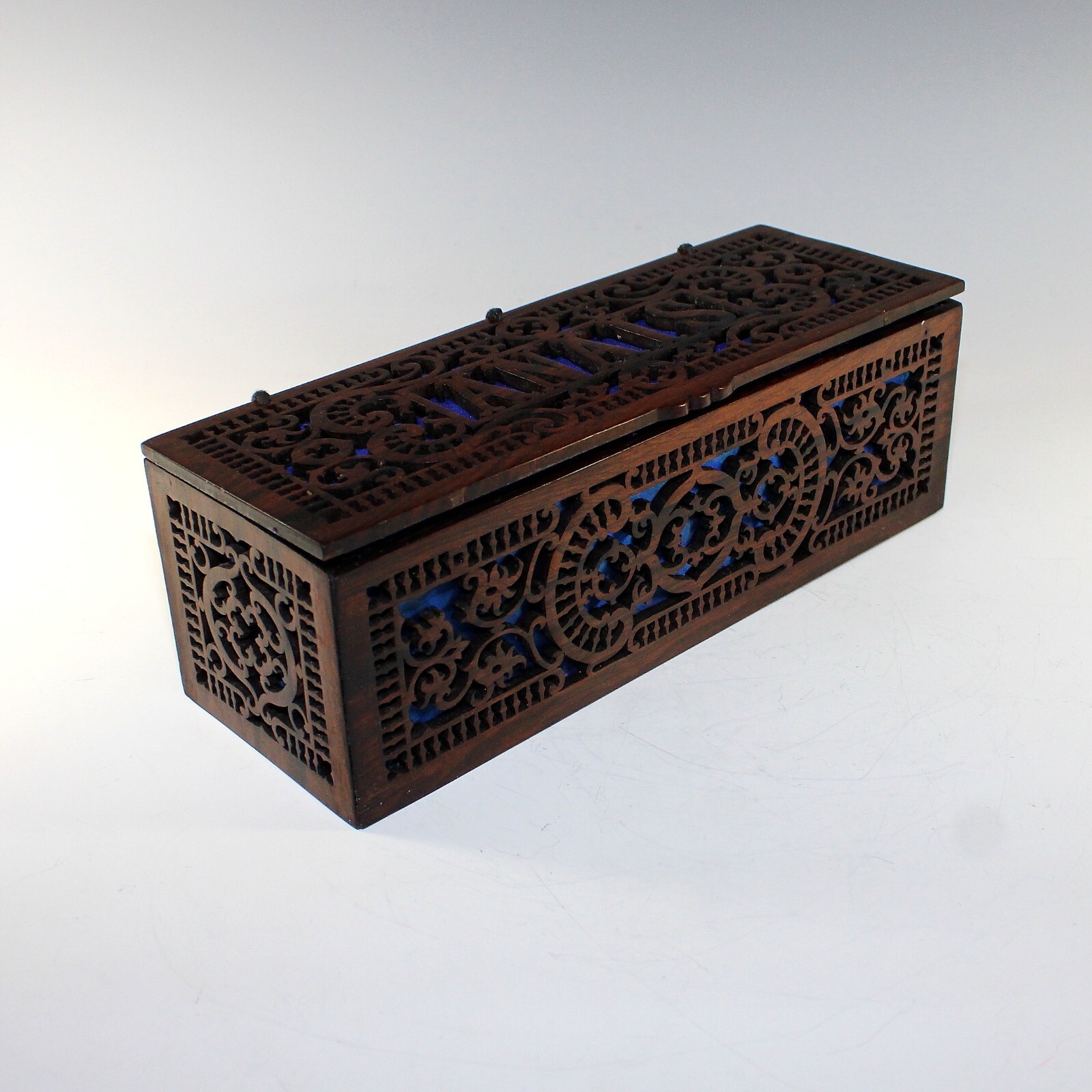 Rare Vintage French Reticulated Wood Box Blue Tufted Lining | eBay