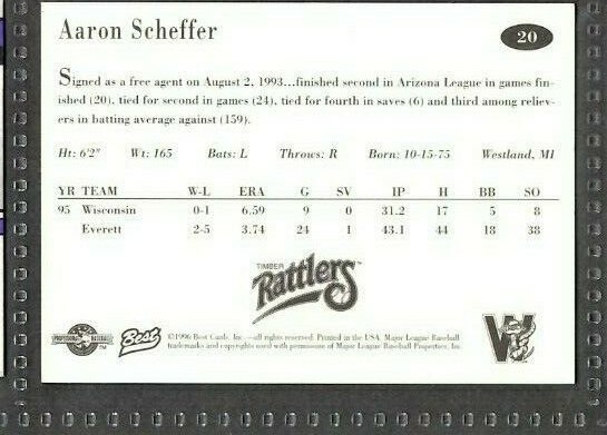 1996 Best #20 Aaron Scheffer Timber Rattlers Baseball Signed Autograph ...