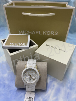 MK5145 Michael Kors Ladies Runway Chronograph White Silicone Gold Steel ...
