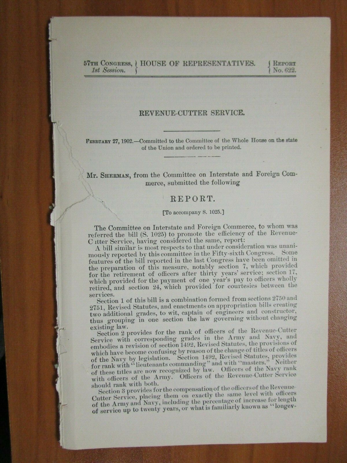 Government Report 2/27/1902 Revenue Cutter Service Army Navy Ranks ...