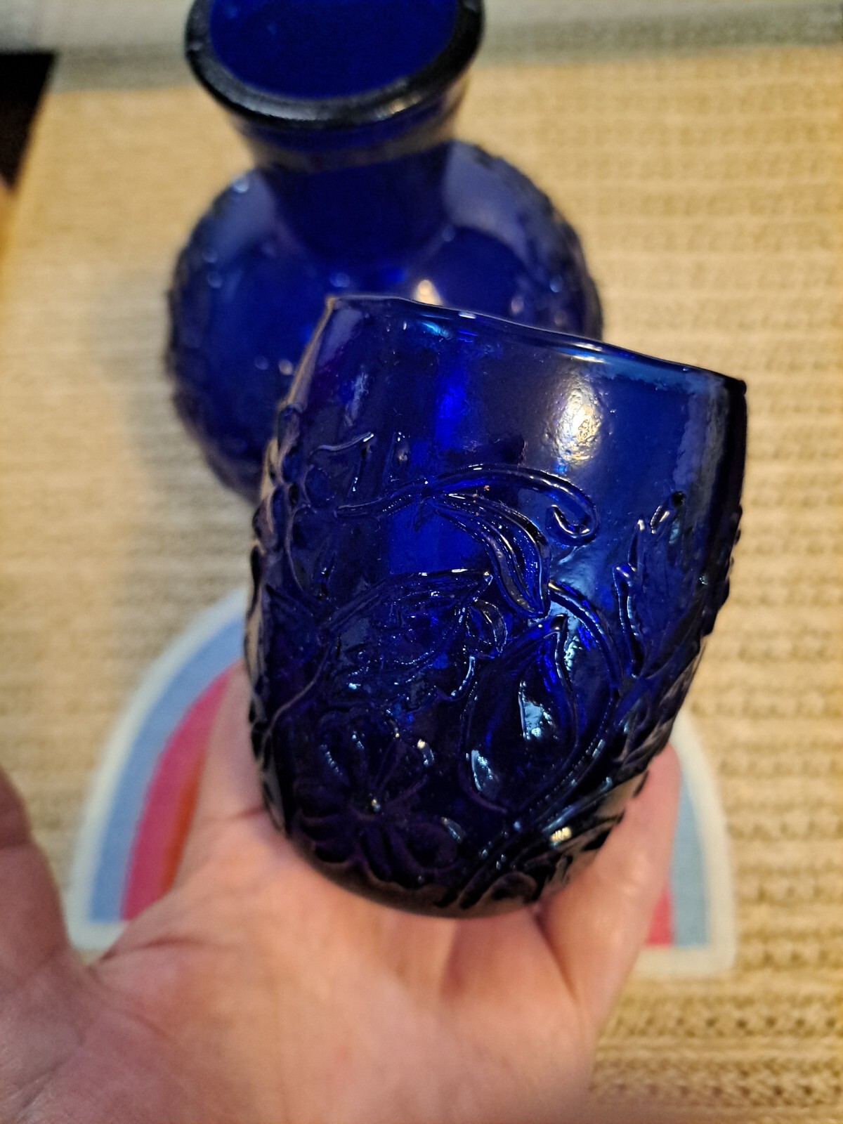 Vintage Fenton Cobalt Blue Glass Tumble Up Set bedside Decanter w/Rolly ...