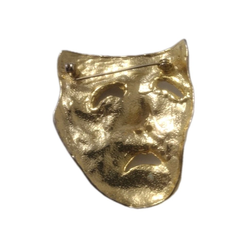 Brutalist Style Sad face mask with tear drop Brushed Gold Tone brooch ...