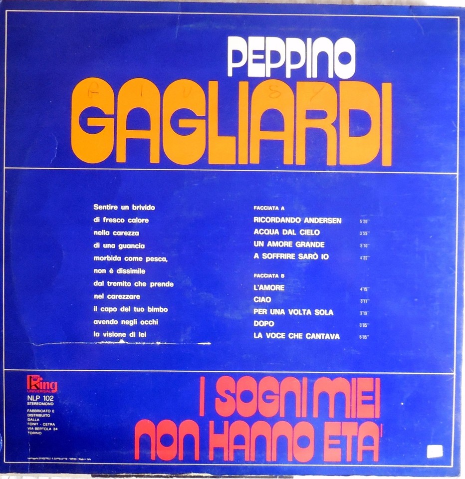 VINILE LP 33 GIRI RPM PEPPINO GAGLIARDI I SOGNI MIEI NON HANNO ETA NLP ...