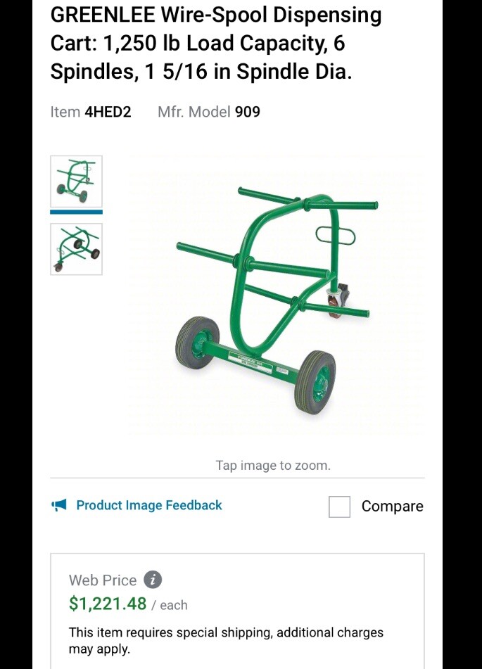 GREENLEE 909 Wire Spool Dispensing Cart: 1,250 lb Load Capacity, 6 ...