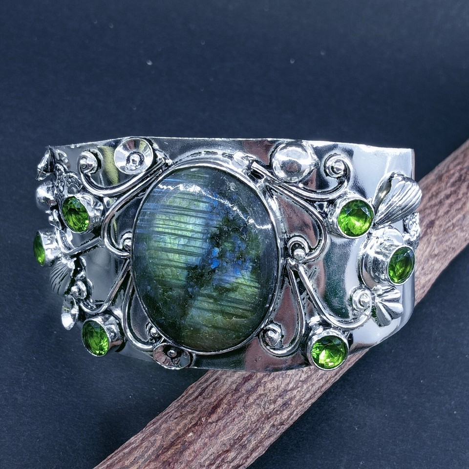 925 Sterling Silver Labradorite & Green Peridot Gemstone Jewelry Cuff ...
