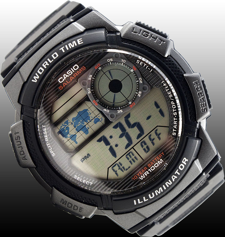 Casio AE-1000W-1BV Digital Map Watch 10 Year Battery World Time 5 ...