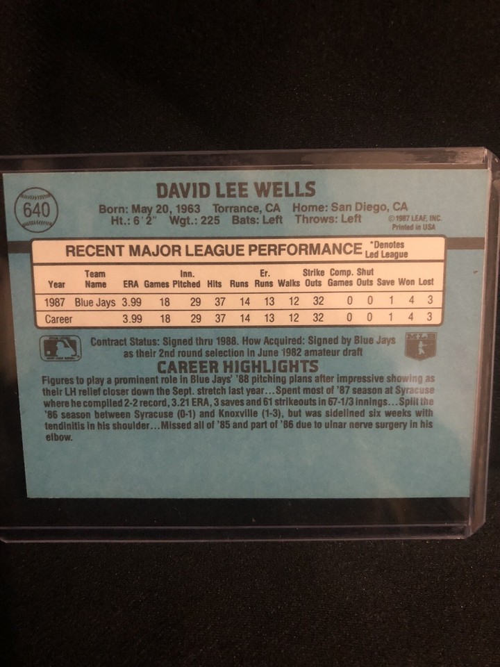 1988 David Wells Boomer Donruss #630 MLB Baseball Rookie Card BlueJays ...