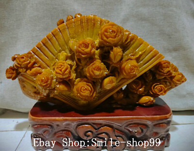 16" Collect Old Dynasty Shoushan Stone Carved Fengshui Rose Flower Fan ...