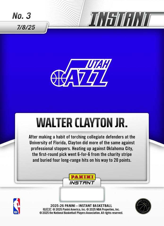 2025-26 Panini Instant Walter Clayton Jr DEBUT ROOKIE CARD SP Utah Jazz ...