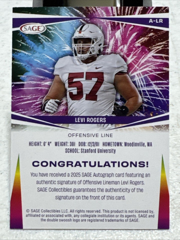 2025 Sage Autographs - Levi Rogers # A-LR - 🔥 Free Shipping! | eBay
