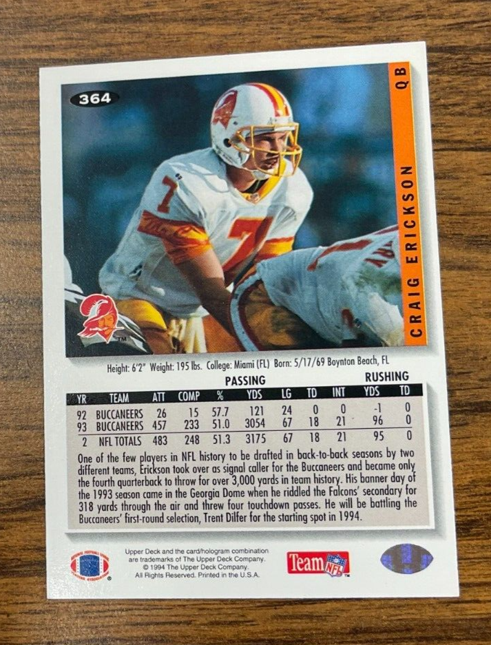 1994 Upper Deck Card # 364 Craig Erickson - Tampa Bay Buccaneers | eBay