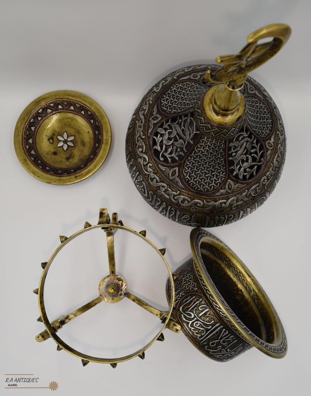 RARE ANTIQUE ISLAMIC INCENSE BURNER MAMLUK REVIVAL COPPER & SILVER 18th ...