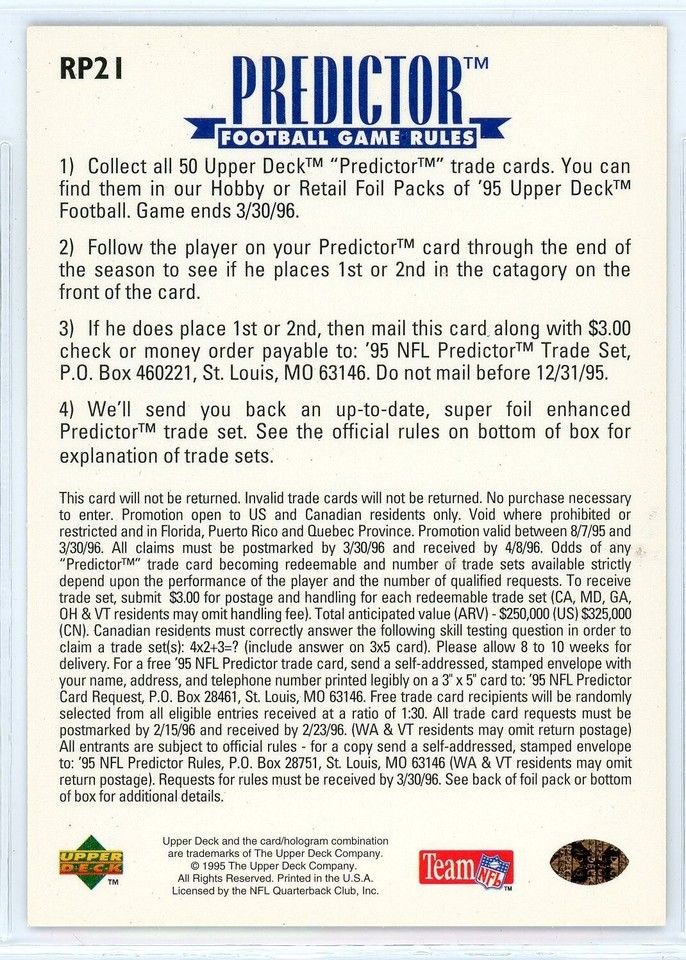 1995 Upper Deck JERRY RICE Receiving Predictor Card Un-redeemed #RP21 ...