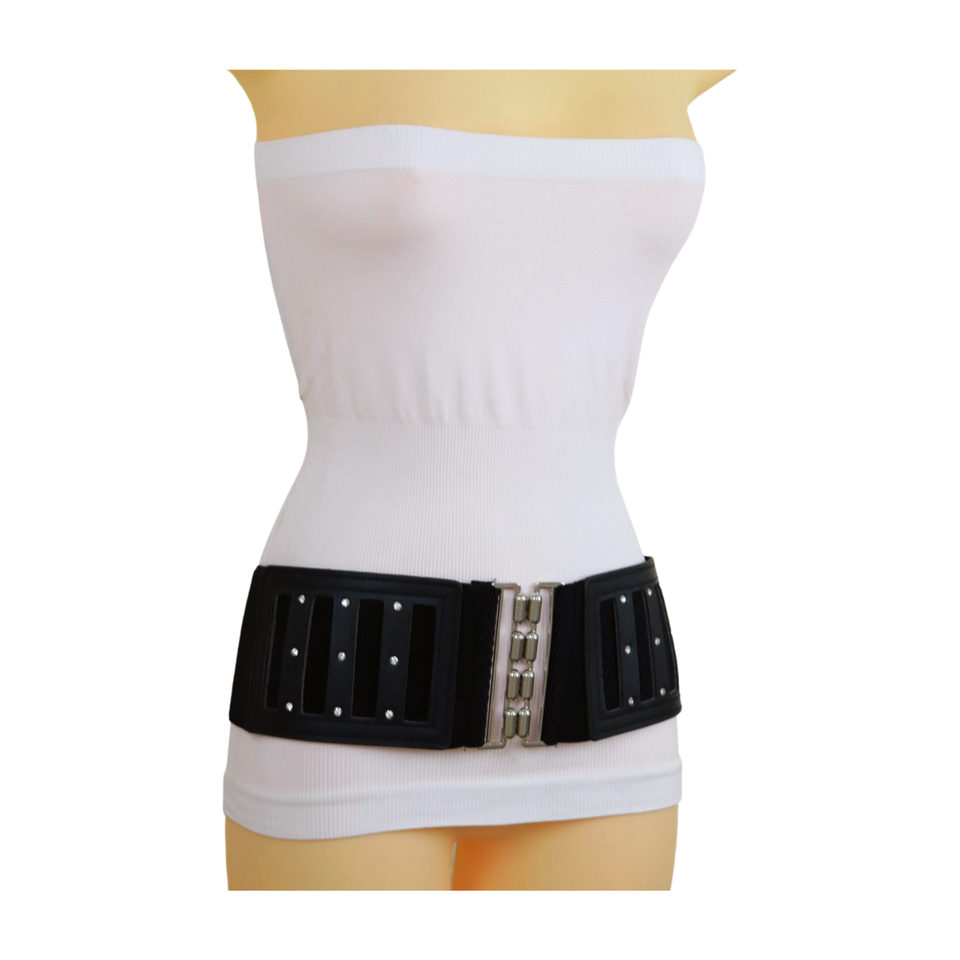 Women Black Elastic Hip High Waist Wide Fashion Belt Bling Silver ...