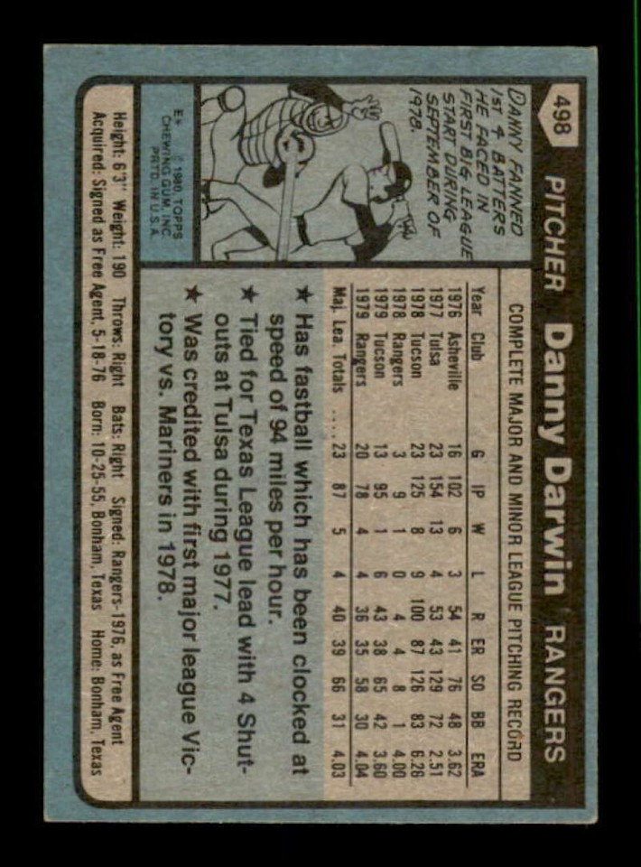 1980 Topps #498 Danny Darwin AUTOGRAPHED!!! Rangers 235655 | eBay