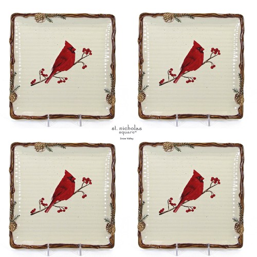 St. Nicholas Square SNOW VALLEY 8.75" Salad Plate Set 4Pc Red Cardinal ...