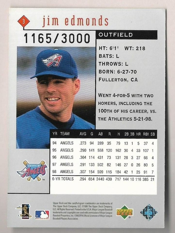 JIM EDMONDS 1999 UD BLACK DIAMOND RUBY SP INSERT CARD #3 1165/3000 | eBay