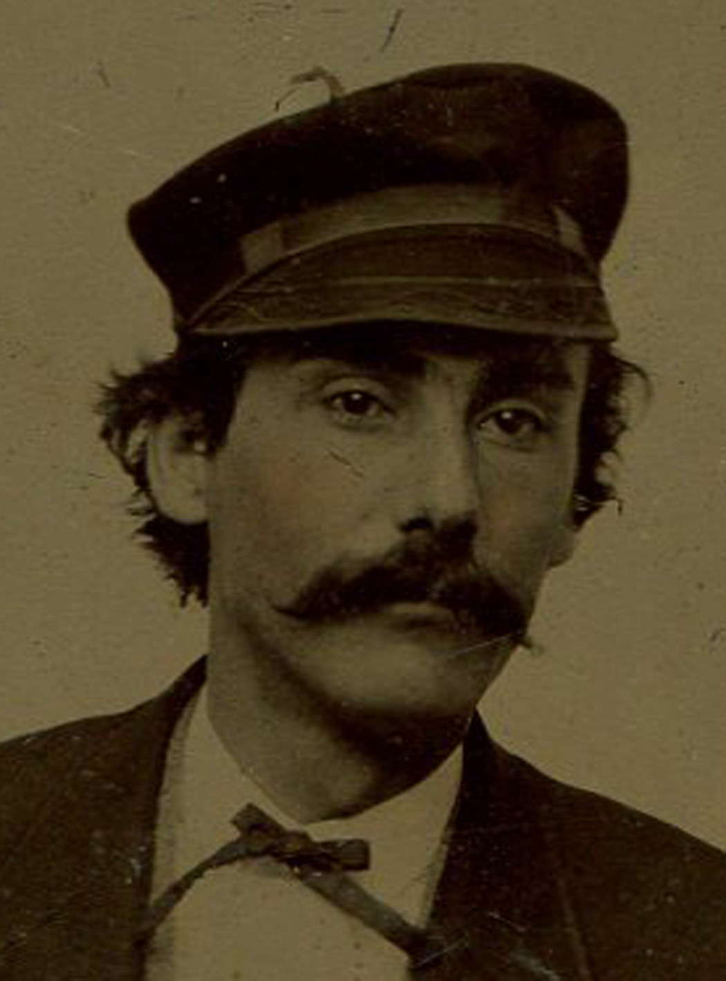 HANDSOME MAN WITH MUSTACHE AND WEARING GREEK FISHERMAN CAP. TINTED ...