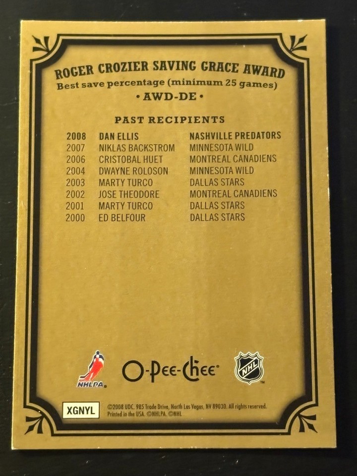 Dan Ellis 2007-08 O-Pee-Chee Roger Crozier Saving Grace Award #AWD-DE ...