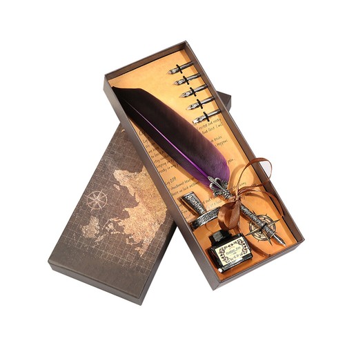 Calligraphy Feather Dip Pen Writing Ink Quill Fountain Pen Set (Purple ...