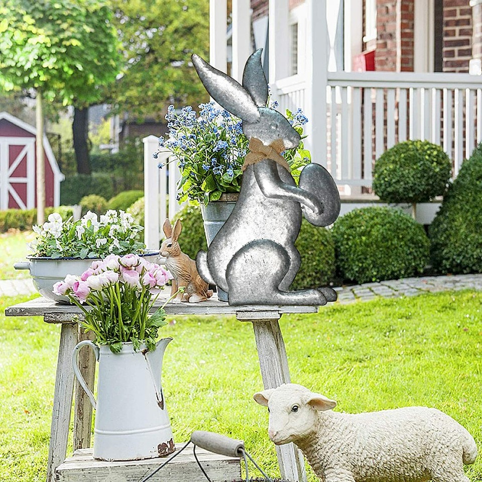 Metal Easter Rabbit Decor, Indoor Outdoor Galvanized Standing Easter ...