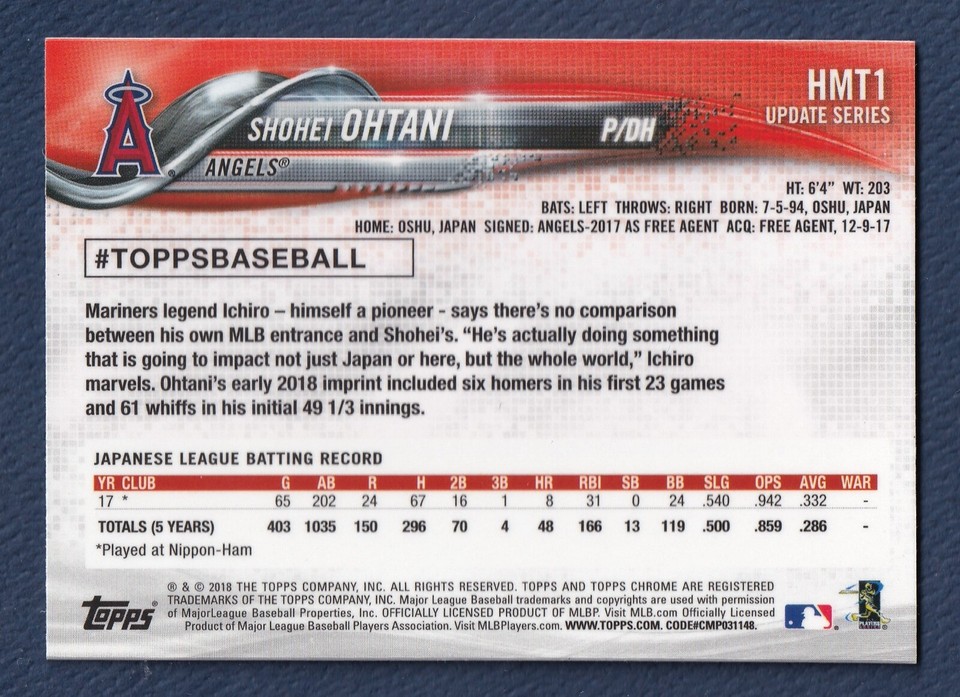 2018 TOPPS CHROME UPDATE SHOHEI OHTANI ROOKIE PITCHING # HMT1 ANGELS ...