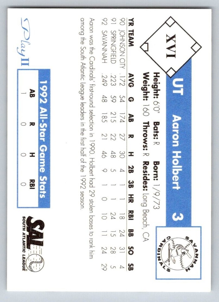 1993 Play II South Atlantic League All-Stars #16 Aaron Holbert Savannah ...