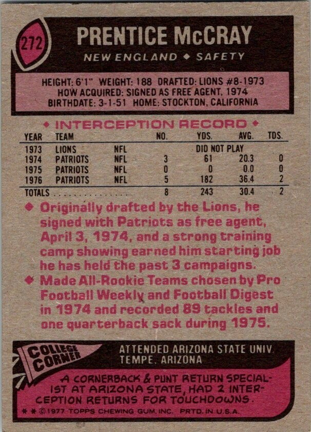 1977 Topps Football #272 Prentice McCray New England Patriots LOW GRADE ...